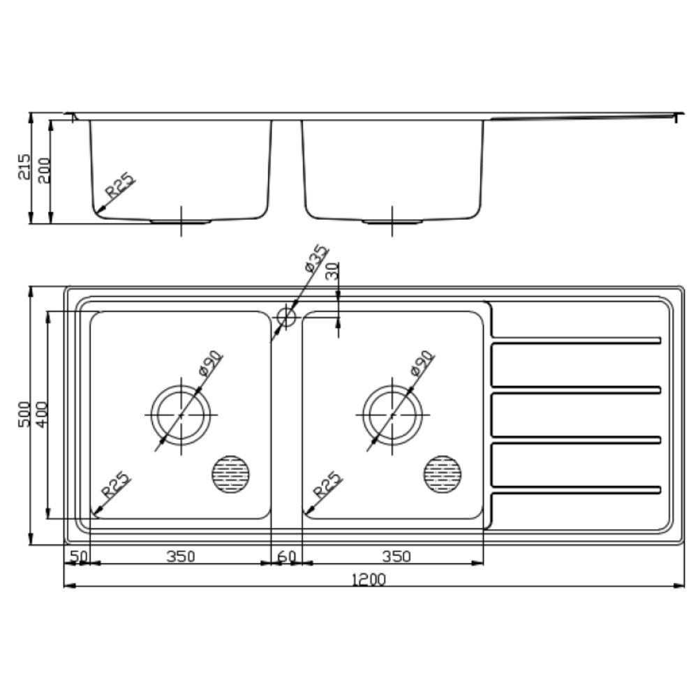 Seto Double Bowl & Single Drainer Kitchen Sink 1200 x 500mm P5355N-LHB